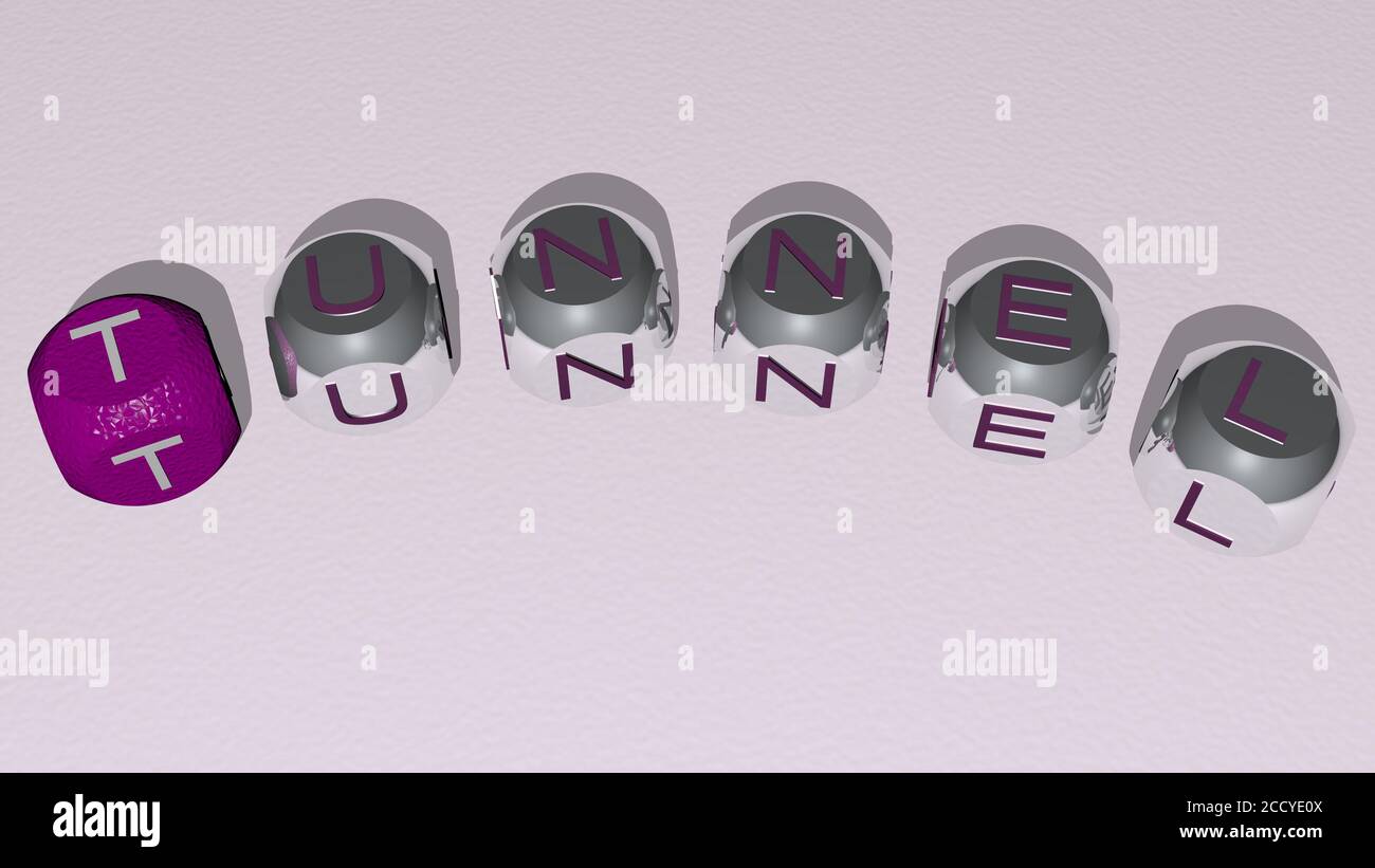 tunnel curved text of cubic dice letters, 3D illustration Stock Photo ...