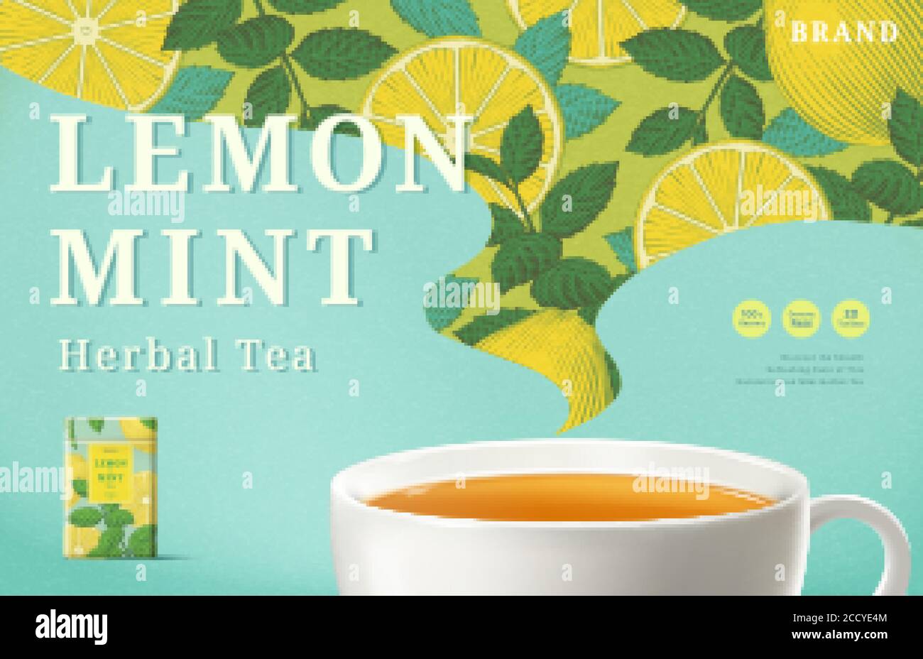 Lemon mint tea ads with engraving pattern in hot steam shape, 3d ...