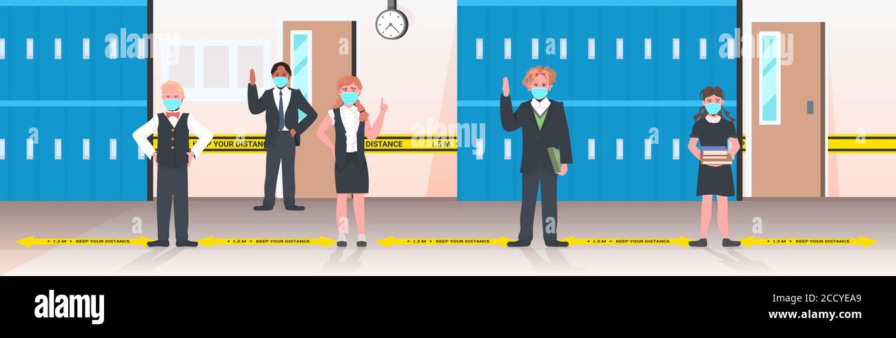 schoolchildren in masks keeping distance to prevent coronavirus ...