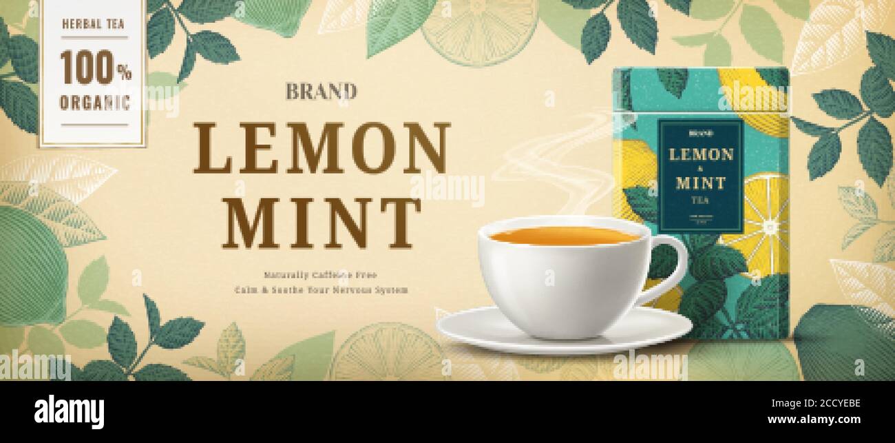 Lemon mint tea banner ads with engraving ingredients frame, 3d ...