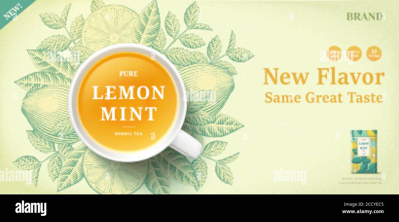Lemon mint tea banner ads with engraving ingredients background, 3d ...