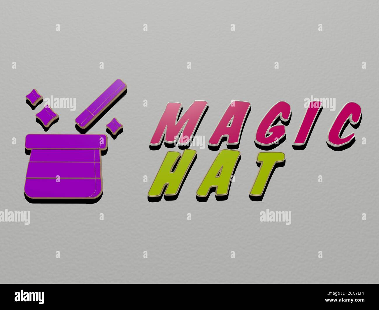 3D illustration of magic hat graphics and text made by metallic dice ...