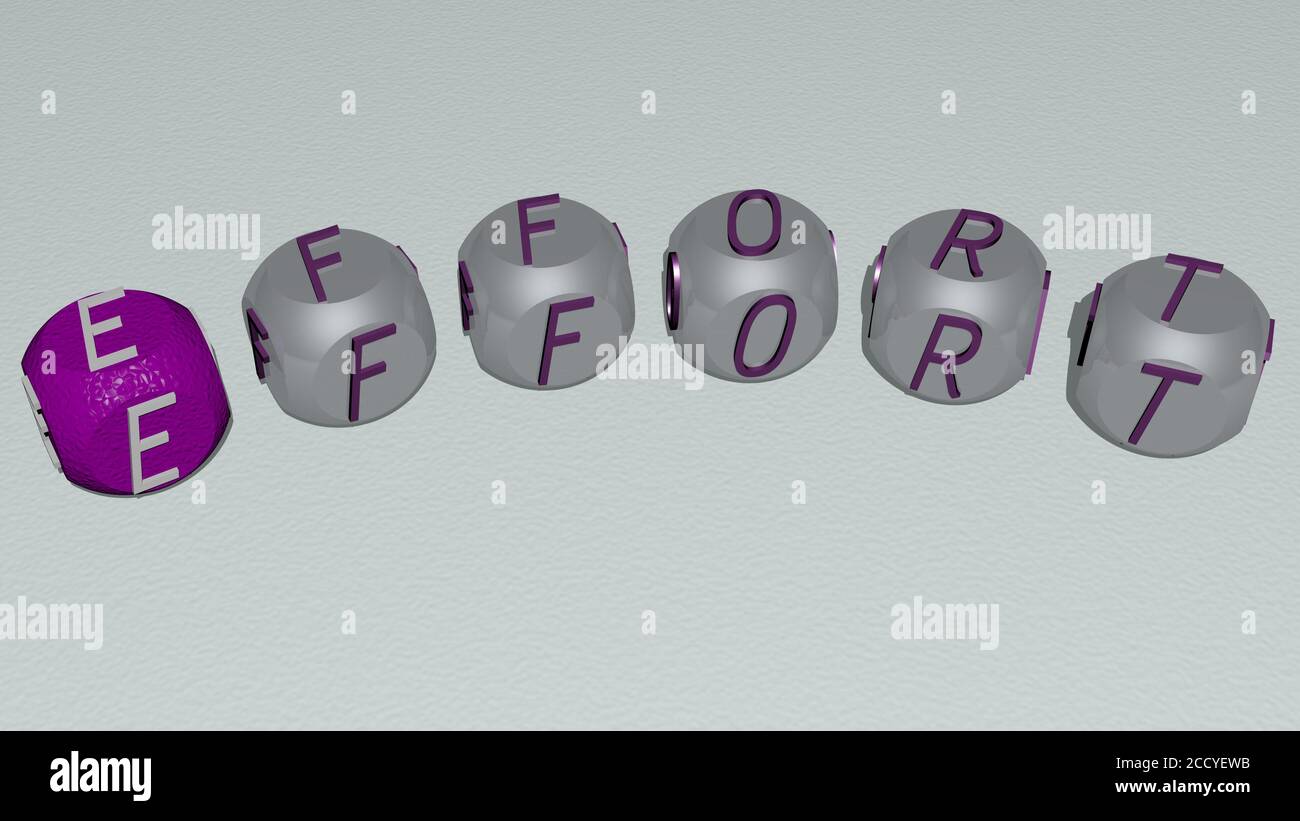 effort curved text of cubic dice letters, 3D illustration Stock Photo ...