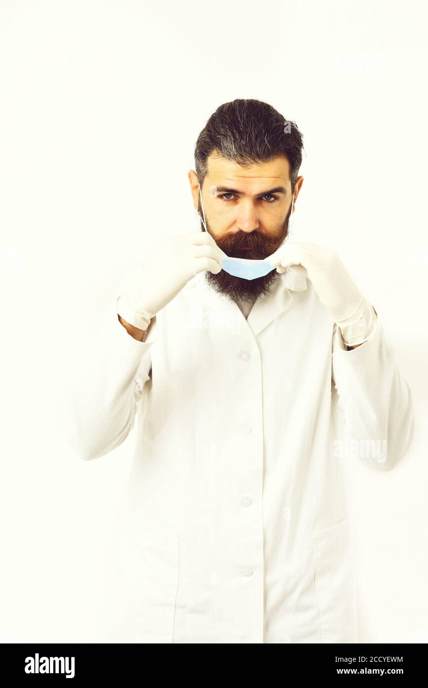 Bearded man, long beard. Brutal caucasian doctor or unshaven hipster ...