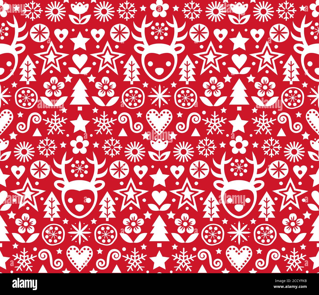 Christmas cute Scandinavian folk art vector red seamless pattern ...