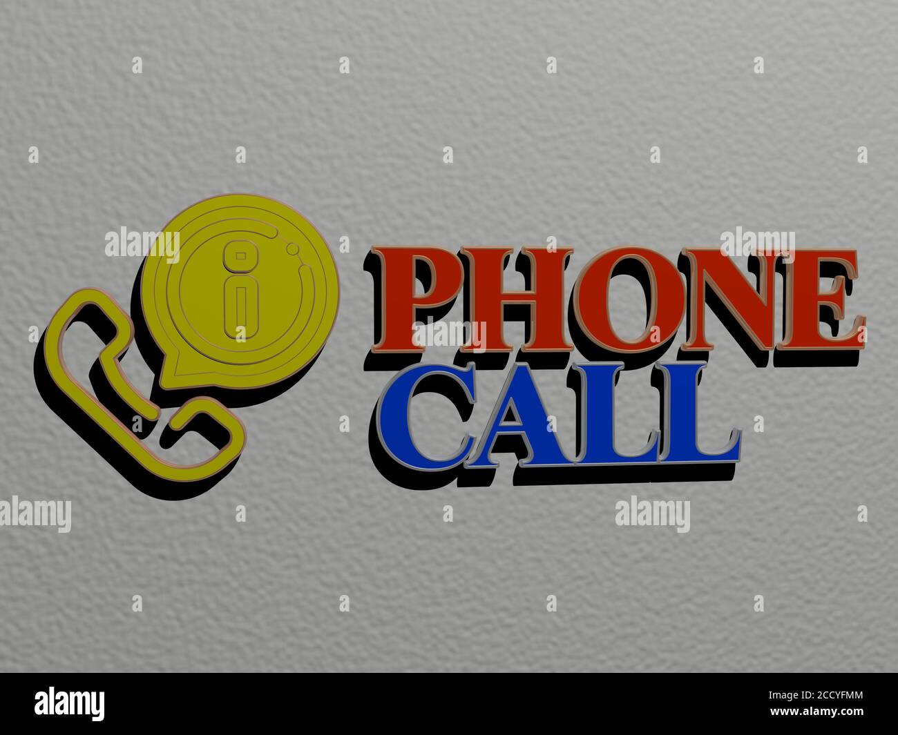 3D representation of PHONE CALL with icon on the wall and text arranged ...