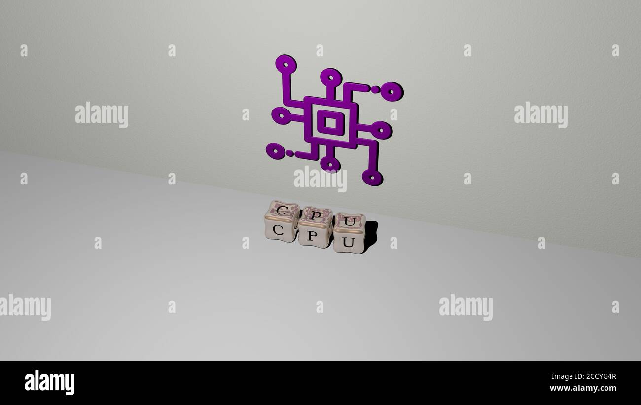 CPU 3D icon on the wall and cubic letters on the floor, 3D illustration ...