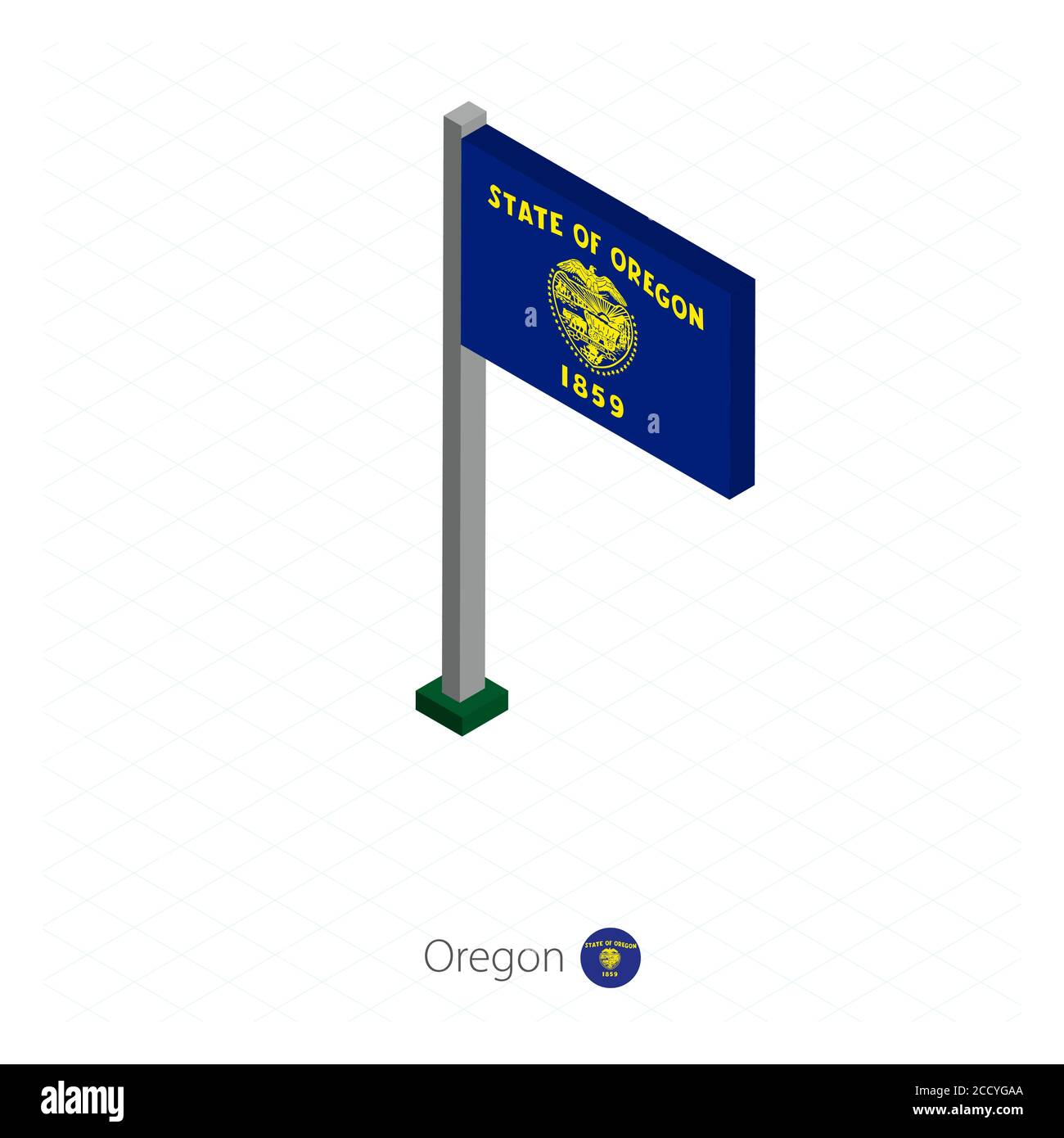 Oregon US state flag on flagpole in isometric dimension. Isometric blue ...