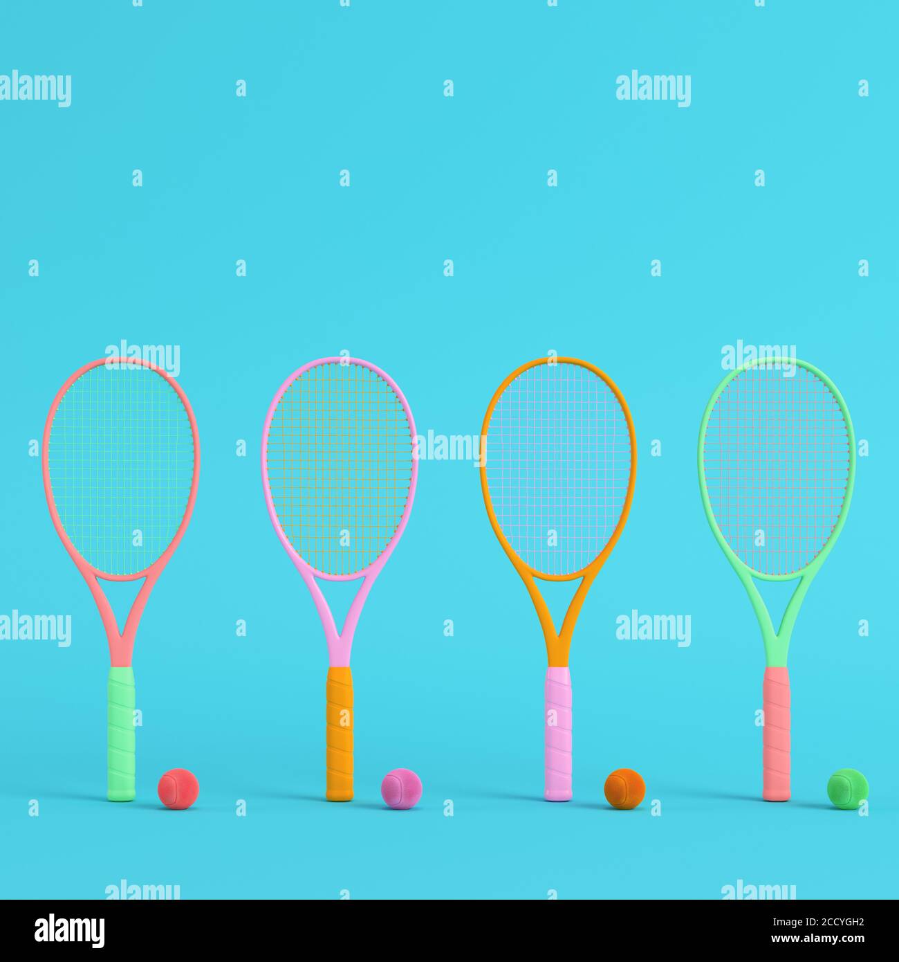 Colorful tennis rackets with balls on bright blue background in pastel ...