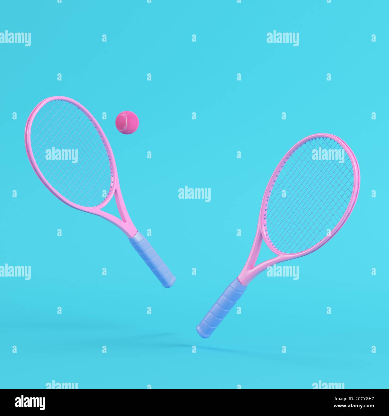 Pink tennis racket on bright blue background in pastel colors ...