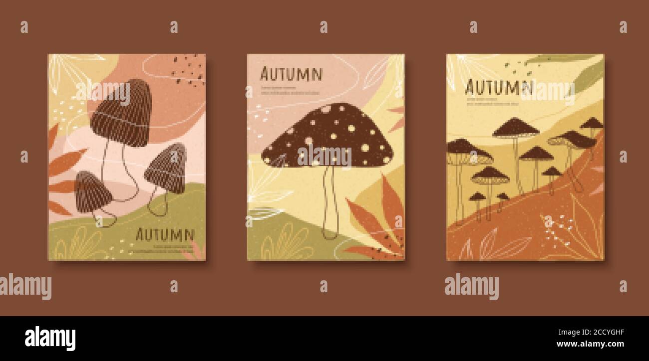 Hand drawn mushroom flyer set with earth tone background Stock Vector ...