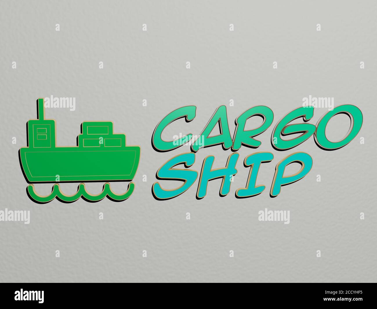 3D graphical image of cargo ship vertically along with text built by ...