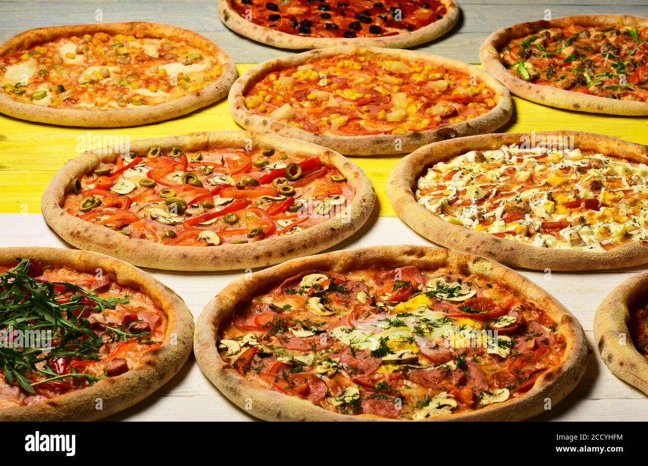 Italian pizza and pizzeria concept. Different pizza set for menu. Take ...