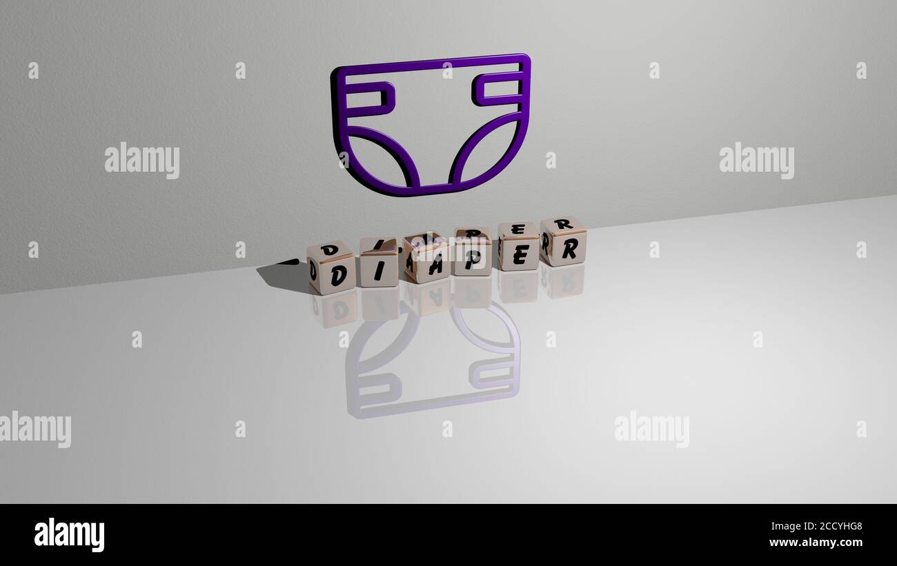 DIAPER text of cubic dice letters on the floor and 3D icon on the wall ...