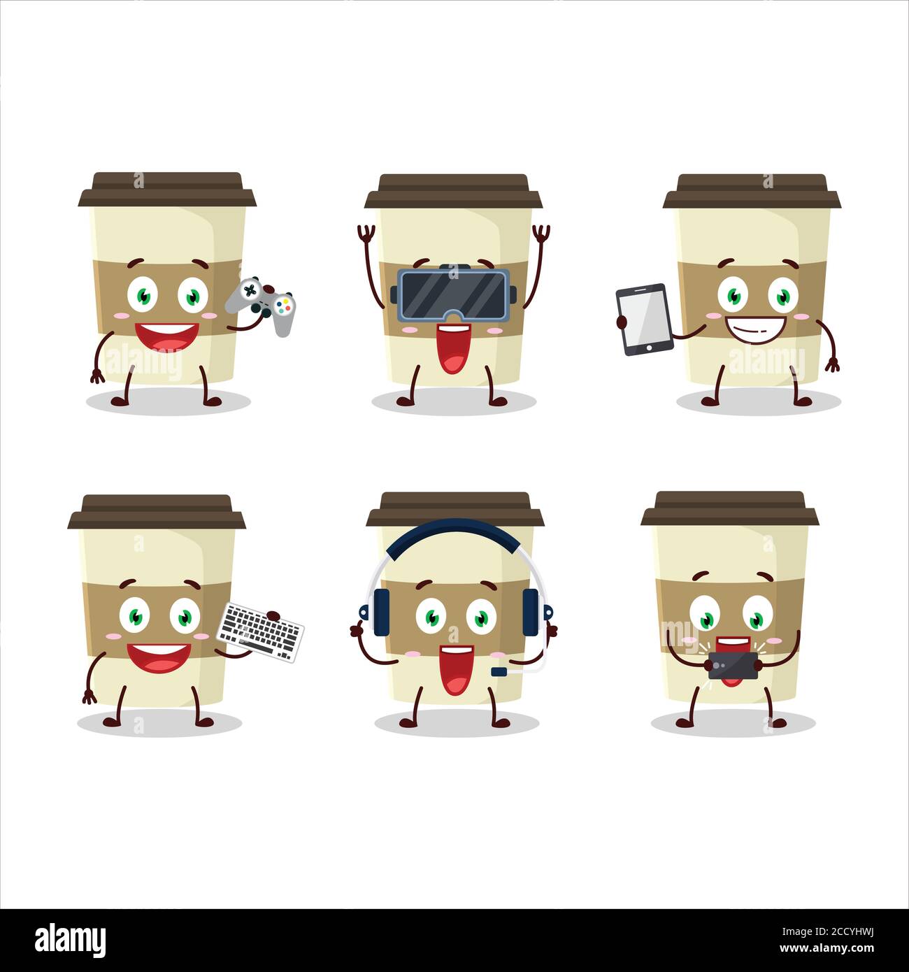Coffee cup cartoon character are playing games with various cute ...