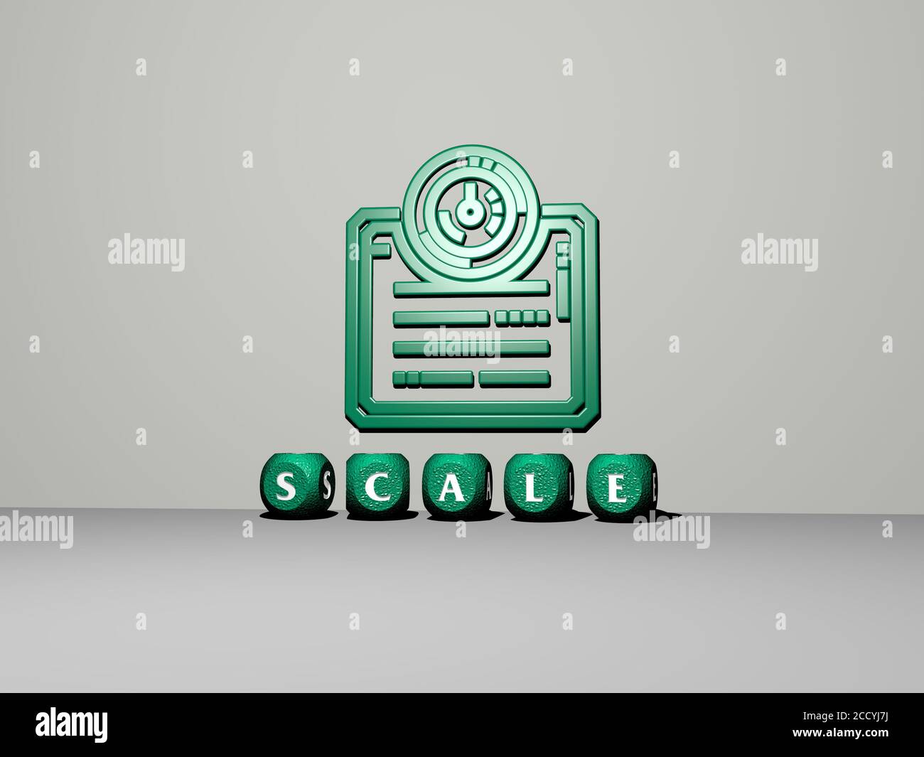 scale 3D icon on the wall and text of cubic alphabets on the floor, 3D ...