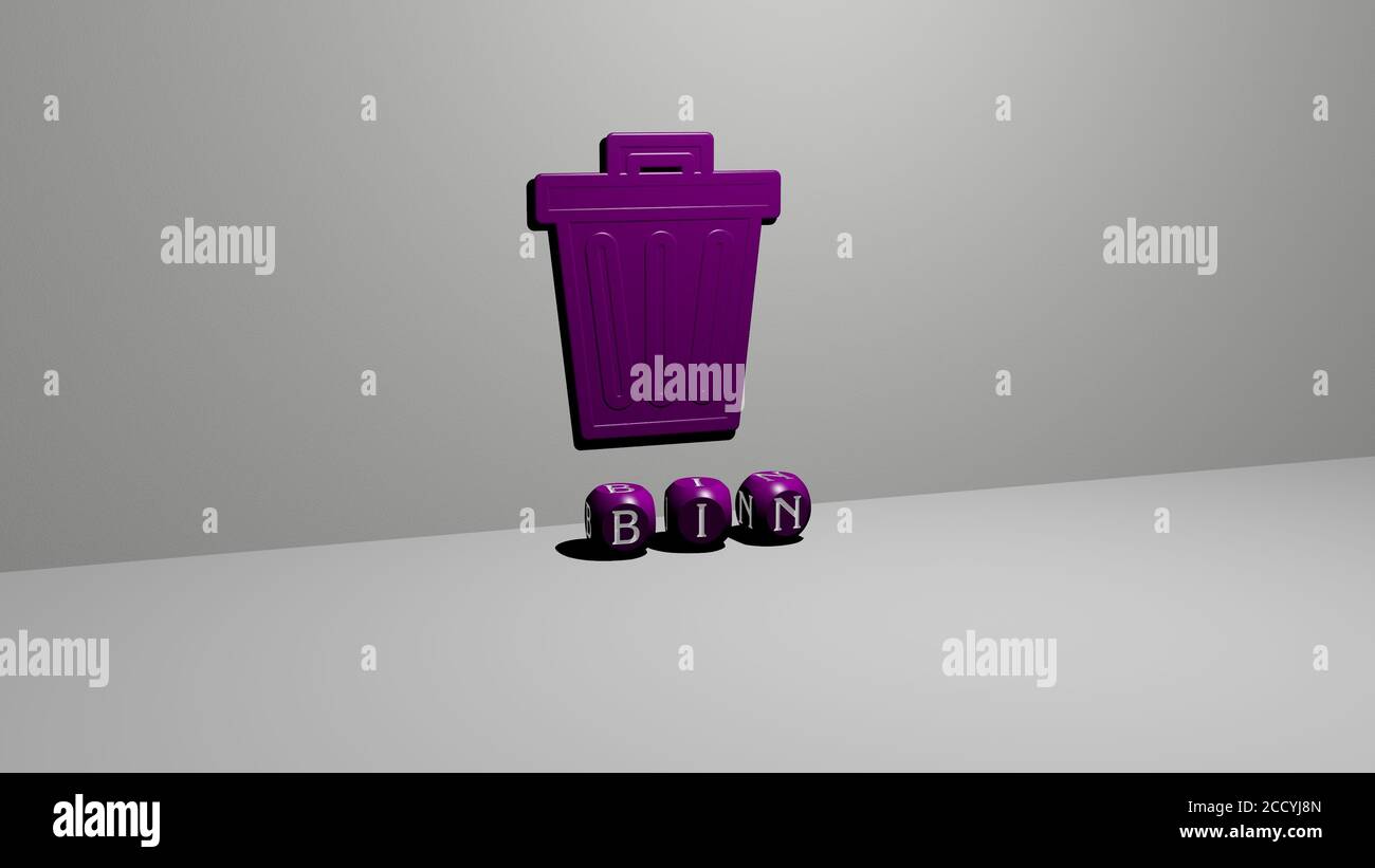BIN 3D icon on the wall and text of cubic alphabets on the floor, 3D ...