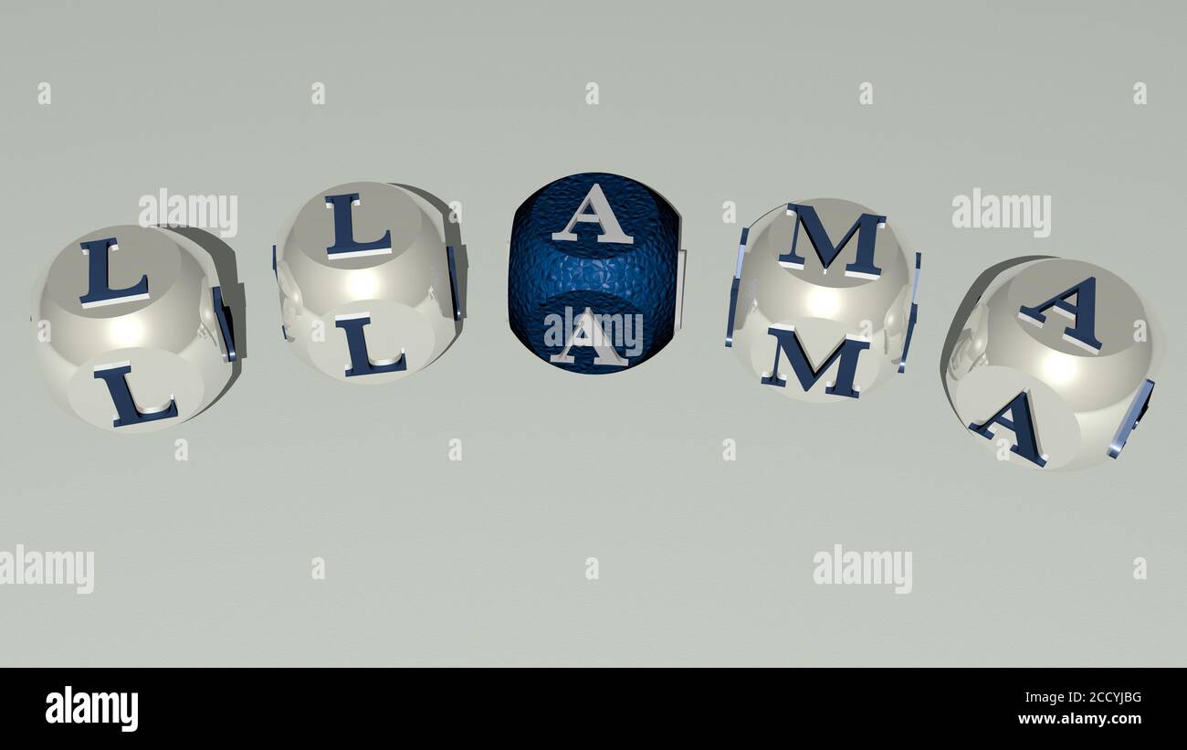 llama curved text of cubic dice letters, 3D illustration Stock Photo ...