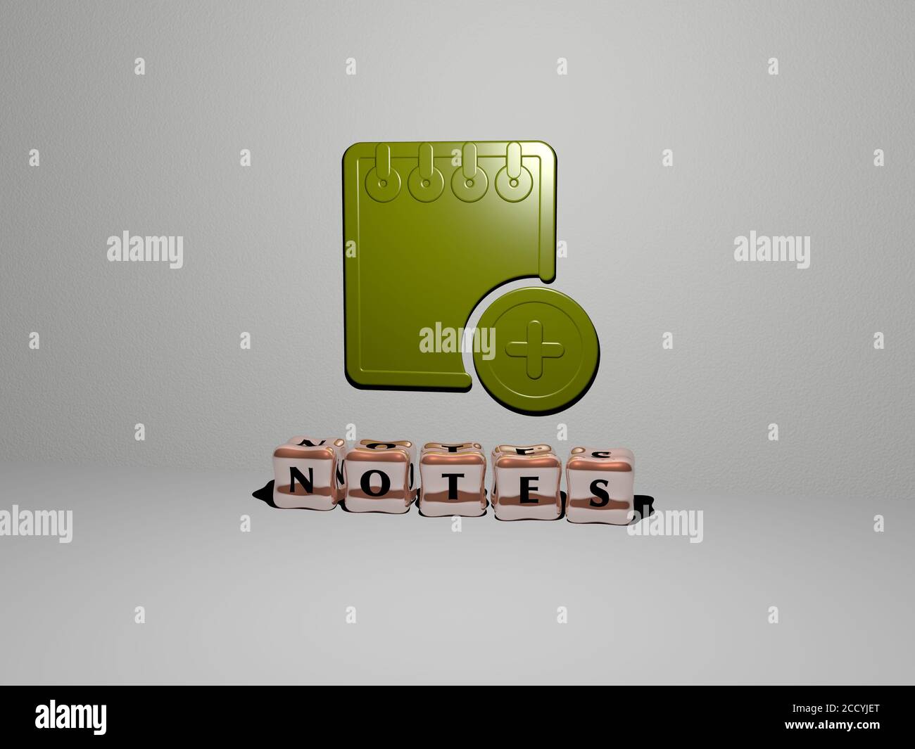 NOTES 3D icon on the wall and cubic letters on the floor, 3D ...