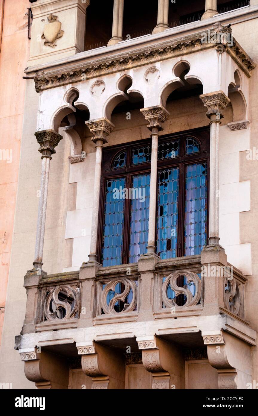 Stone balcony in Figueres, Spain at Casa Cusi Stock Photo - Alamy
