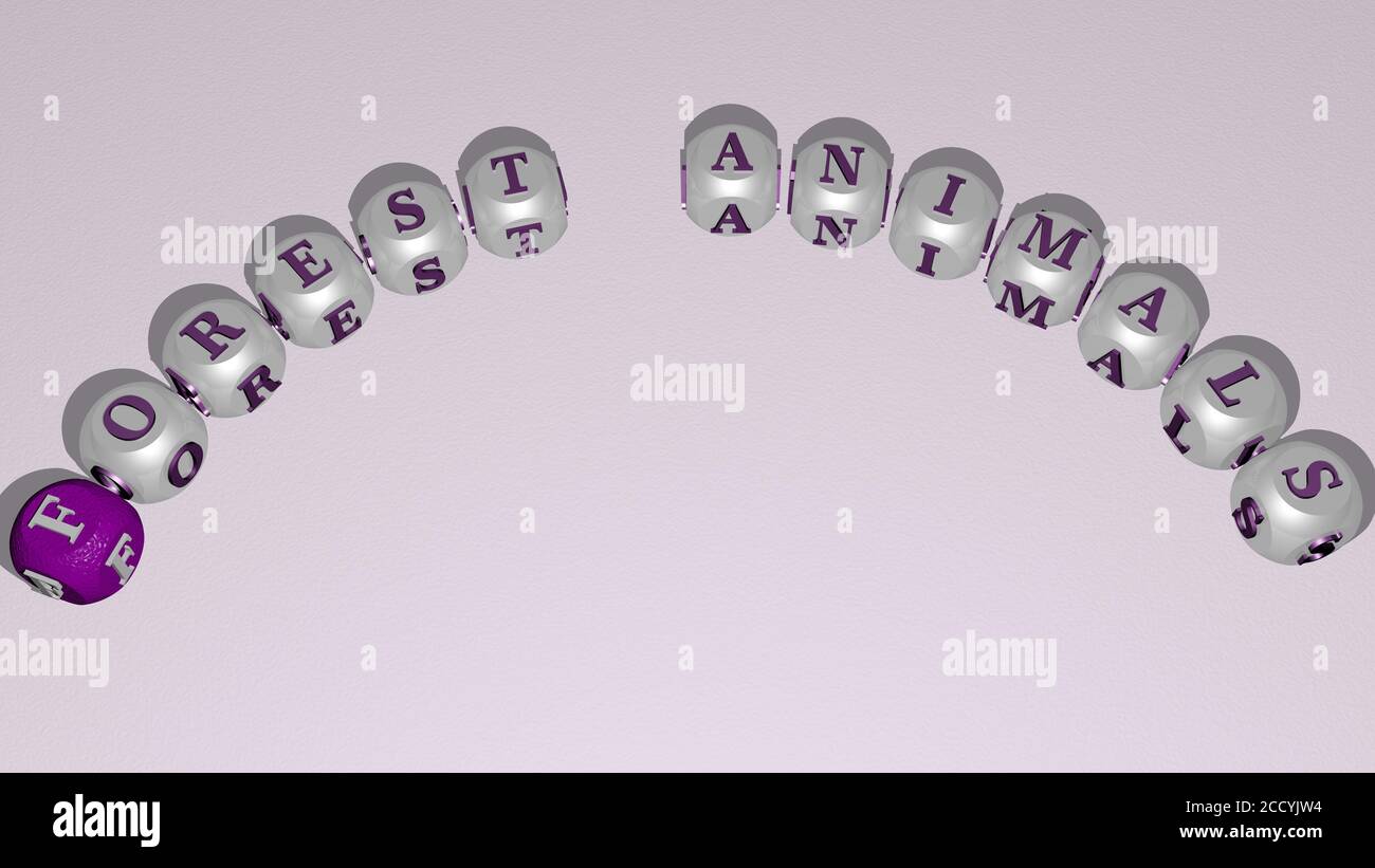 forest animals text of dice letters with curvature, 3D illustration ...