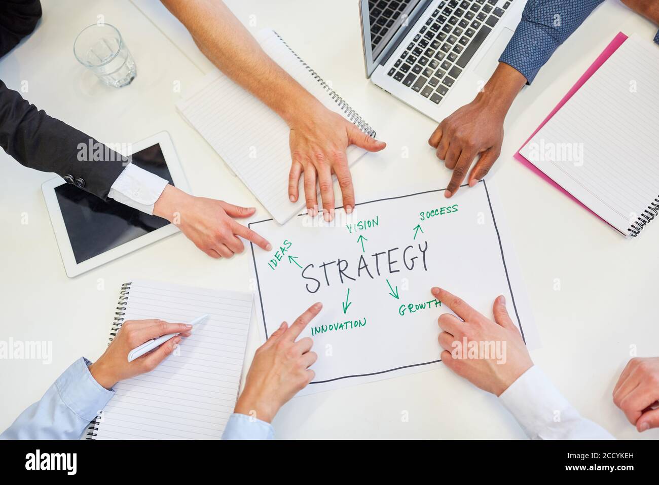 Business people pointing with hands at the strategy plan in a business ...