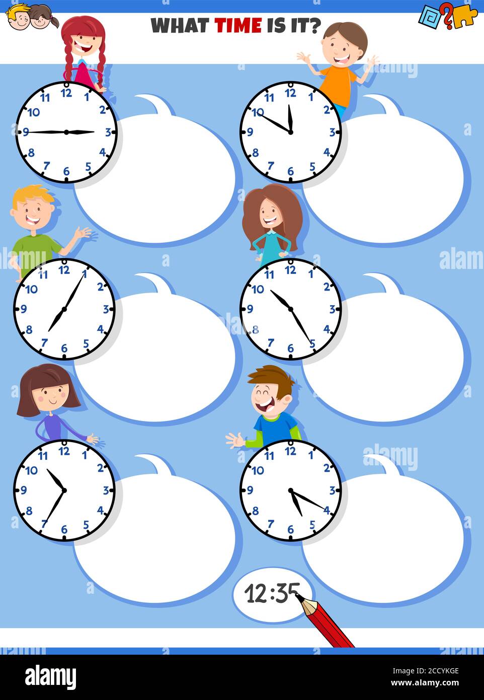 Cartoon Illustrations of Telling Time Educational Task with Clock Faces ...