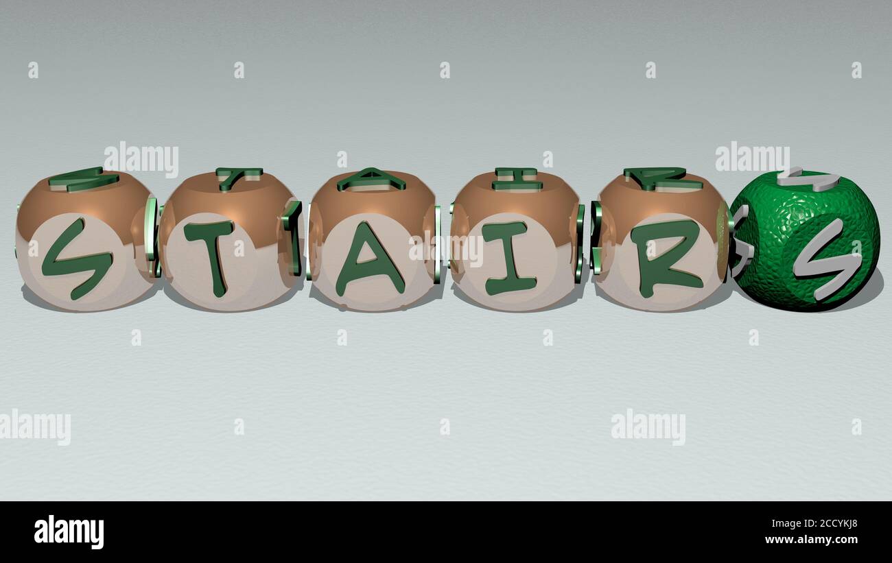 stairs text by cubic dice letters, 3D illustration Stock Photo - Alamy