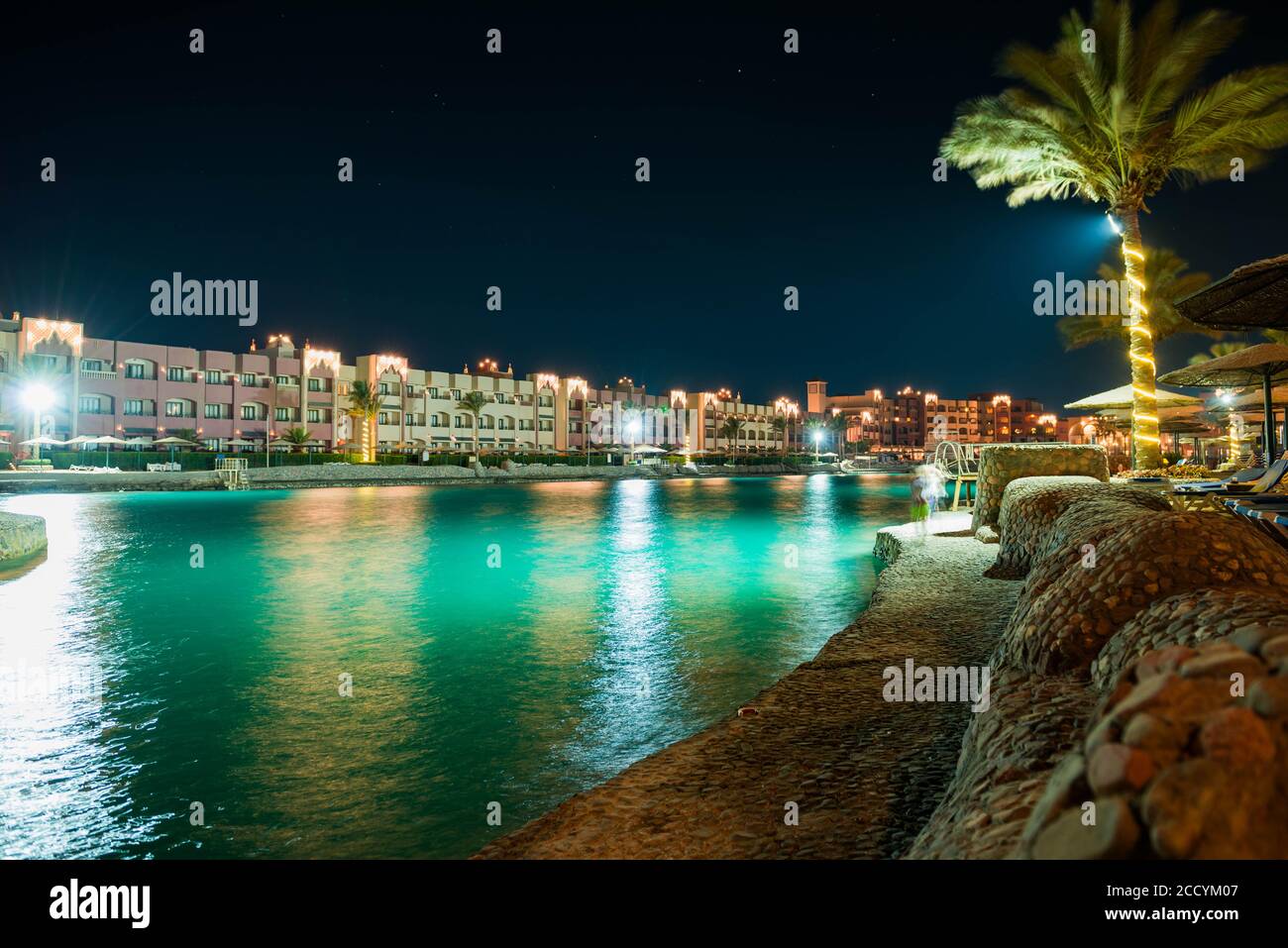 Egypt, Hurghada bay with hotel buildings at summer night panoramic view ...