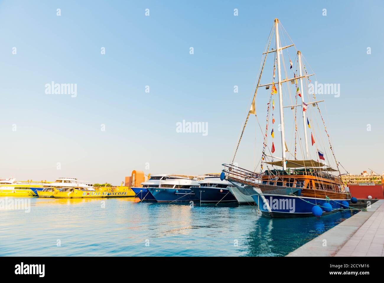 Egypt, Hurghada Marina bay harbor with parked yachts and sails boats at ...