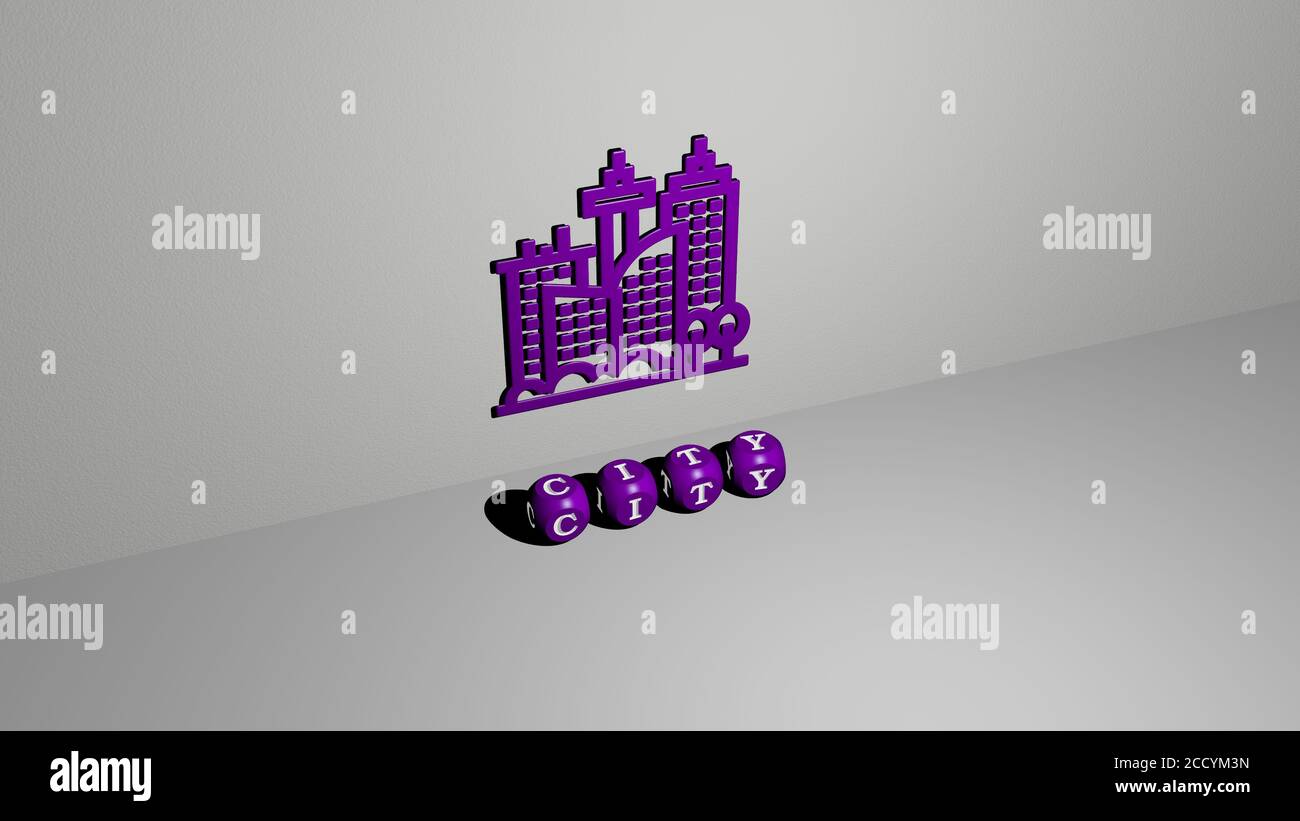 city 3D icon on the wall and text of cubic alphabets on the floor, 3D ...