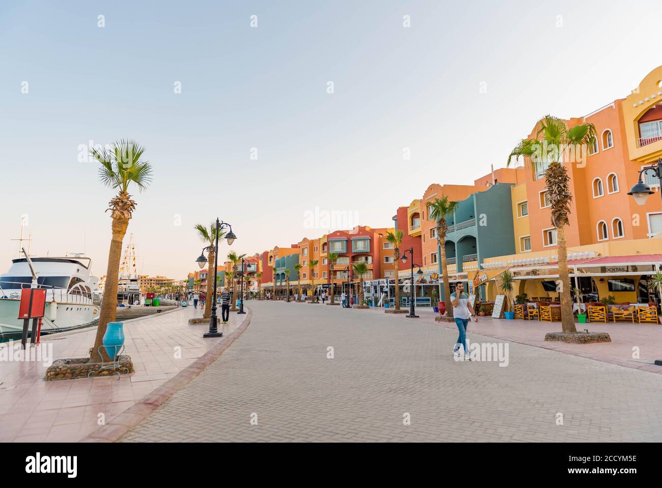 Egypt, Hurghada Marina bay harbor with colorful buildings along at ...