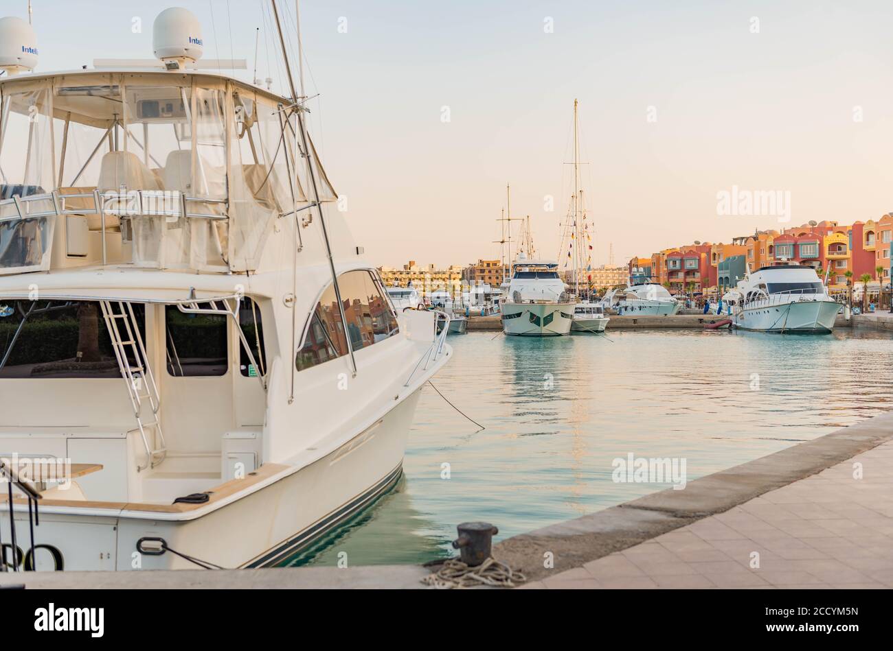 Egypt, Hurghada Marina bay harbor with parked yachts and sails boats at ...