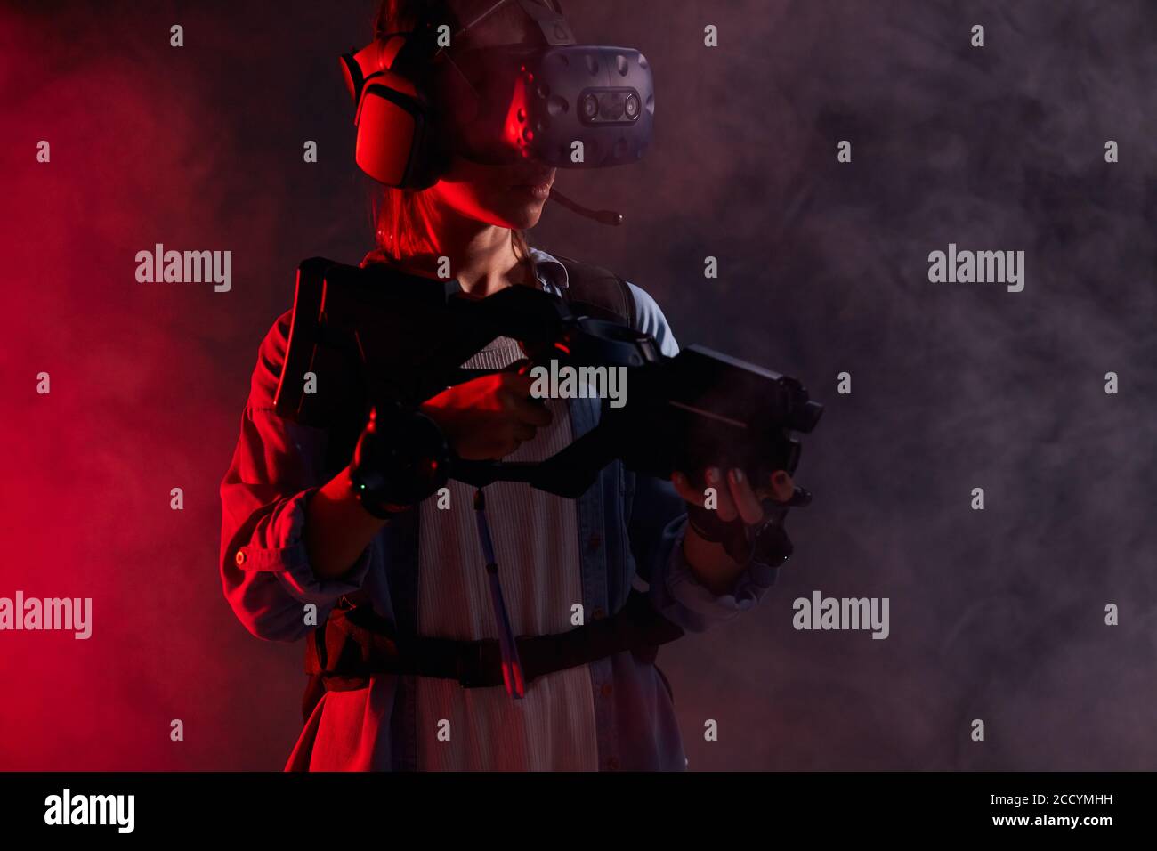 Young girl killer using technology as vr headset, goggles, weapons ...