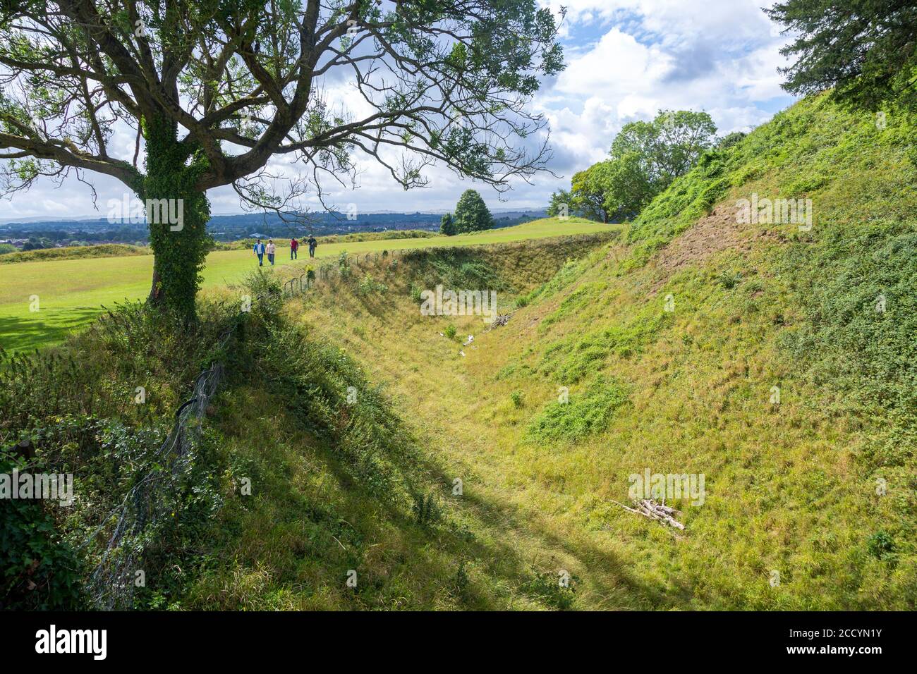 Deep defensive ditch and rampart at Old Sarum castle, Salisbury ...
