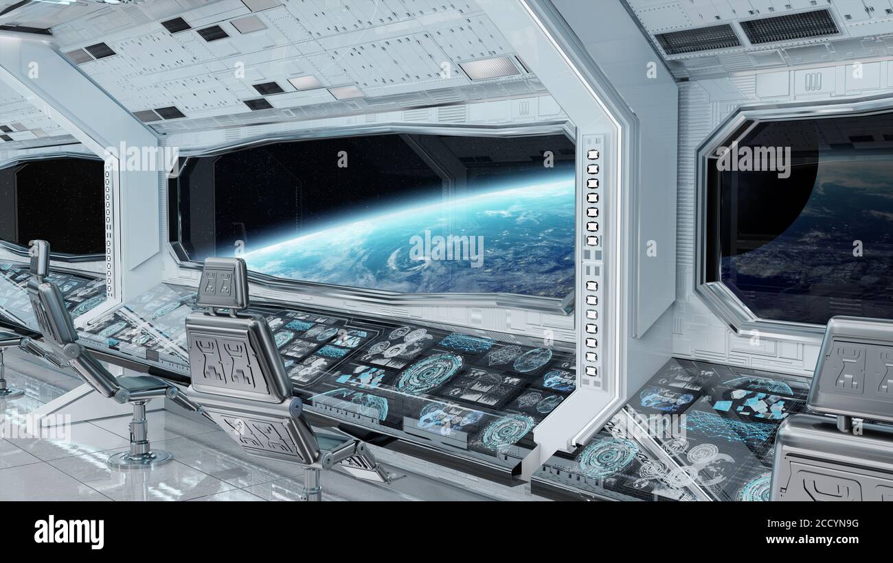 White clean spaceship interior with view on planet Earth 3D rendering elements of this image ...