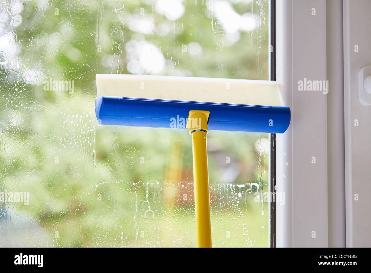 Window cleaner cleans windows with a wiper and detergent during spring ...