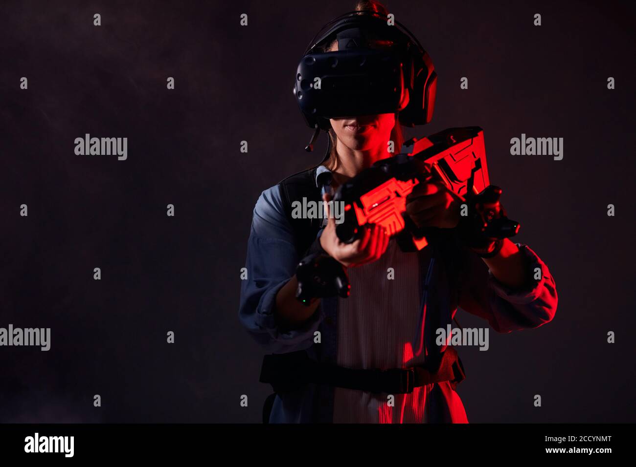 Young girl killer using technology as vr headset, goggles, weapons ...