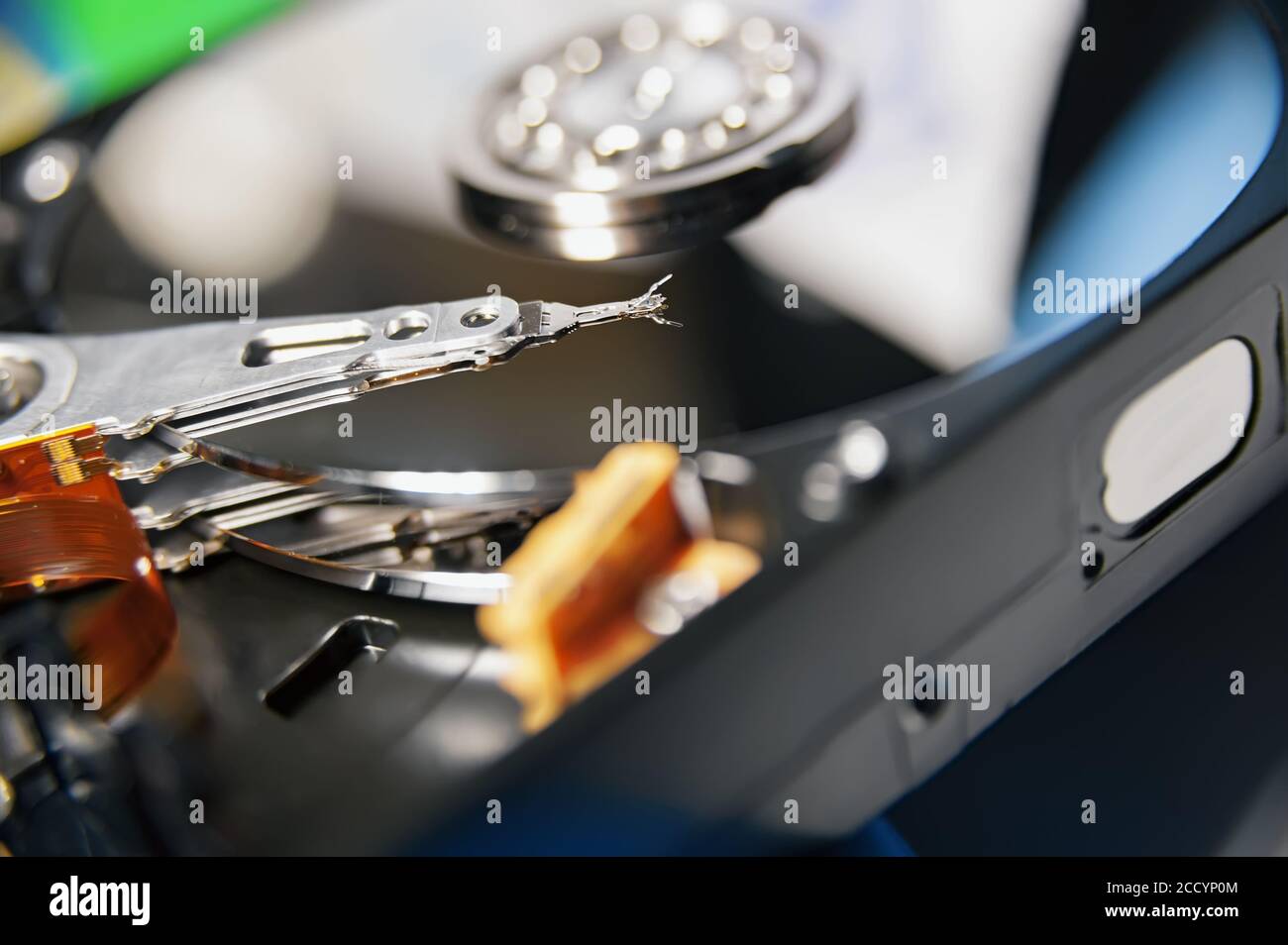 Macro view of spindle of the open hard disk drive Stock Photo - Alamy