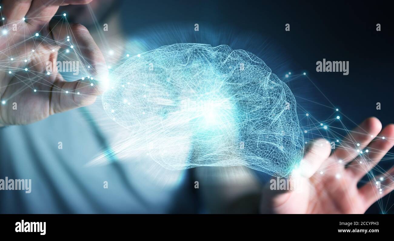 Businessman using digital x-ray human brain interface with cell and ...