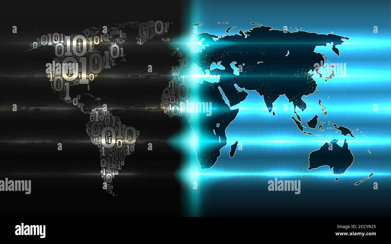 Binary code world map with with a background of abstract circuit boards, electronics. Digital ...