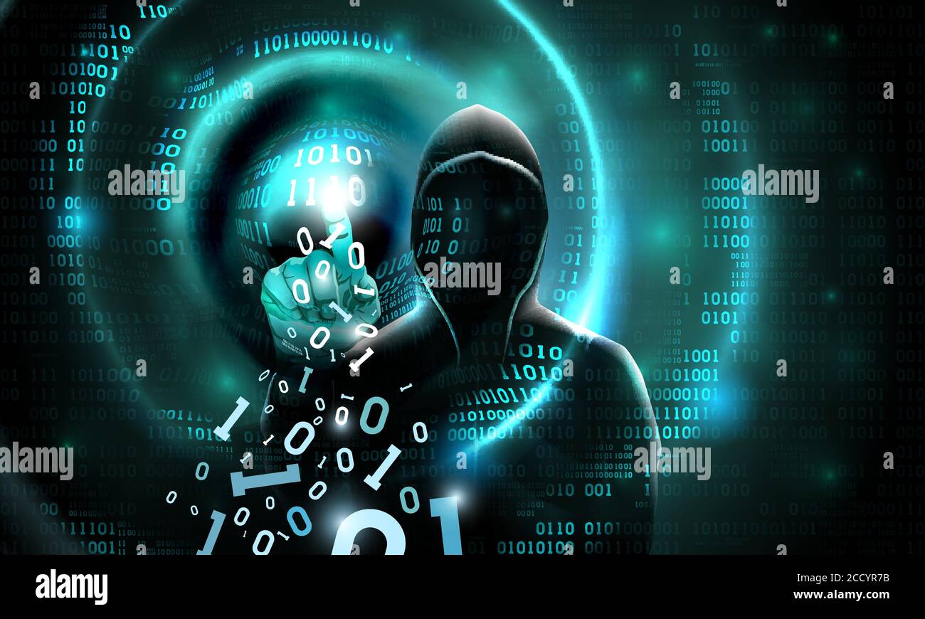Computer hacker with a hood touches the touch screen binary code. Light ...