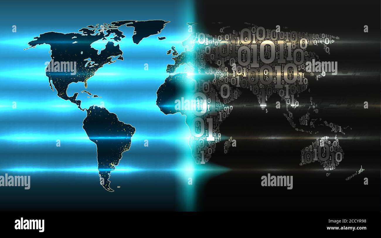 World Map With Continents From A Binary Code With A Background Of Abstract Circuit Boards