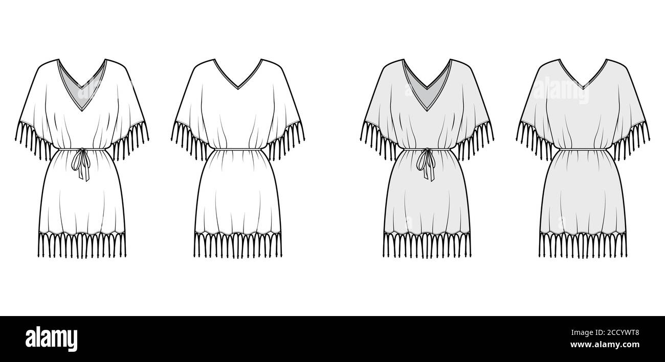 Fringed kaftan dress technical fashion illustration with deep V-neck ...