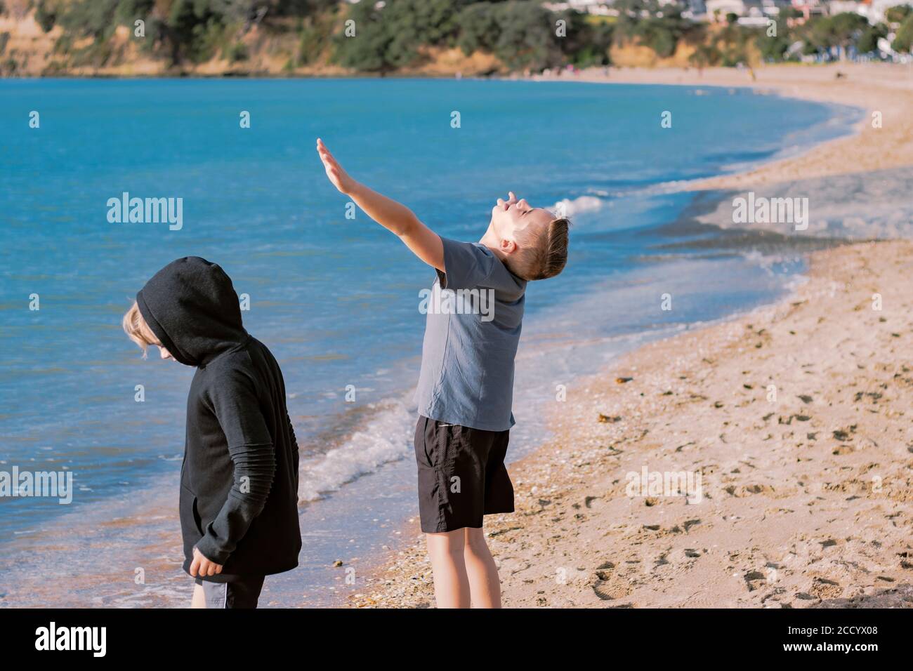 Two young boys, brother, standing on the beach. The older brother has ...