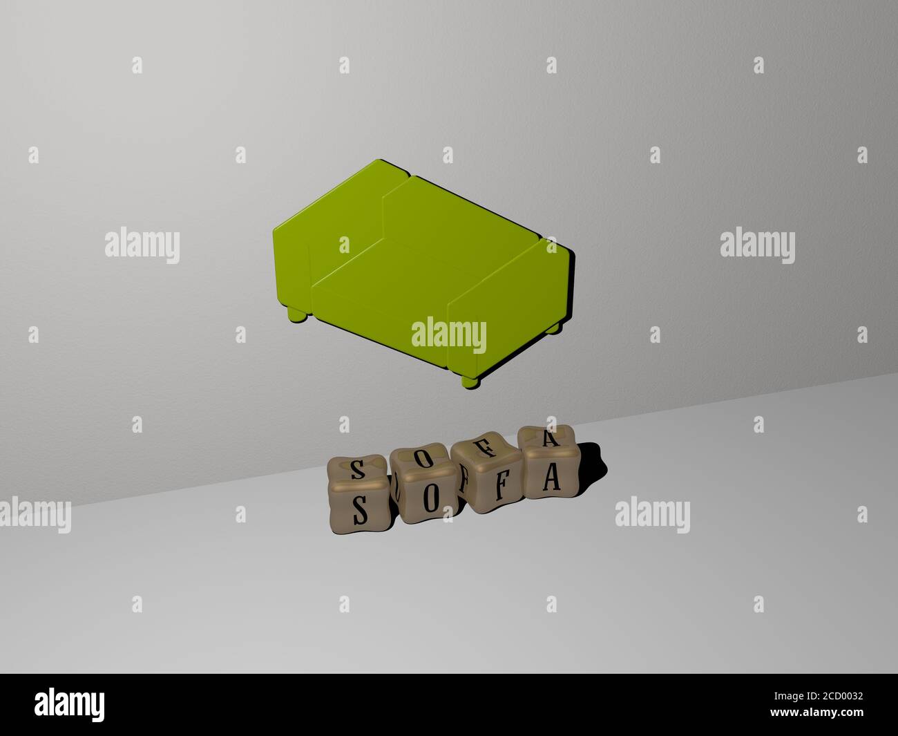 sofa 3D icon on the wall and cubic letters on the floor, 3D ...
