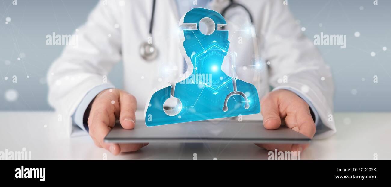 Doctor on blurred background using digital medical futuristic interface ...