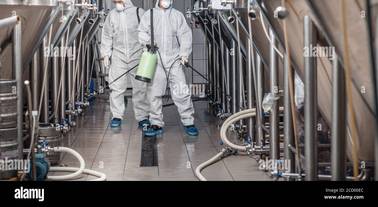 Beer making. Workers in protective suits and masks disinfect plant ...