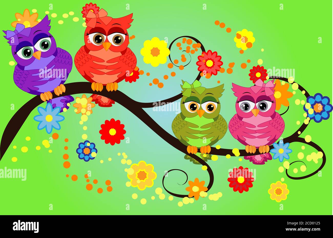 Funny owls on branch in flowers. Spring concept background. Bright ...