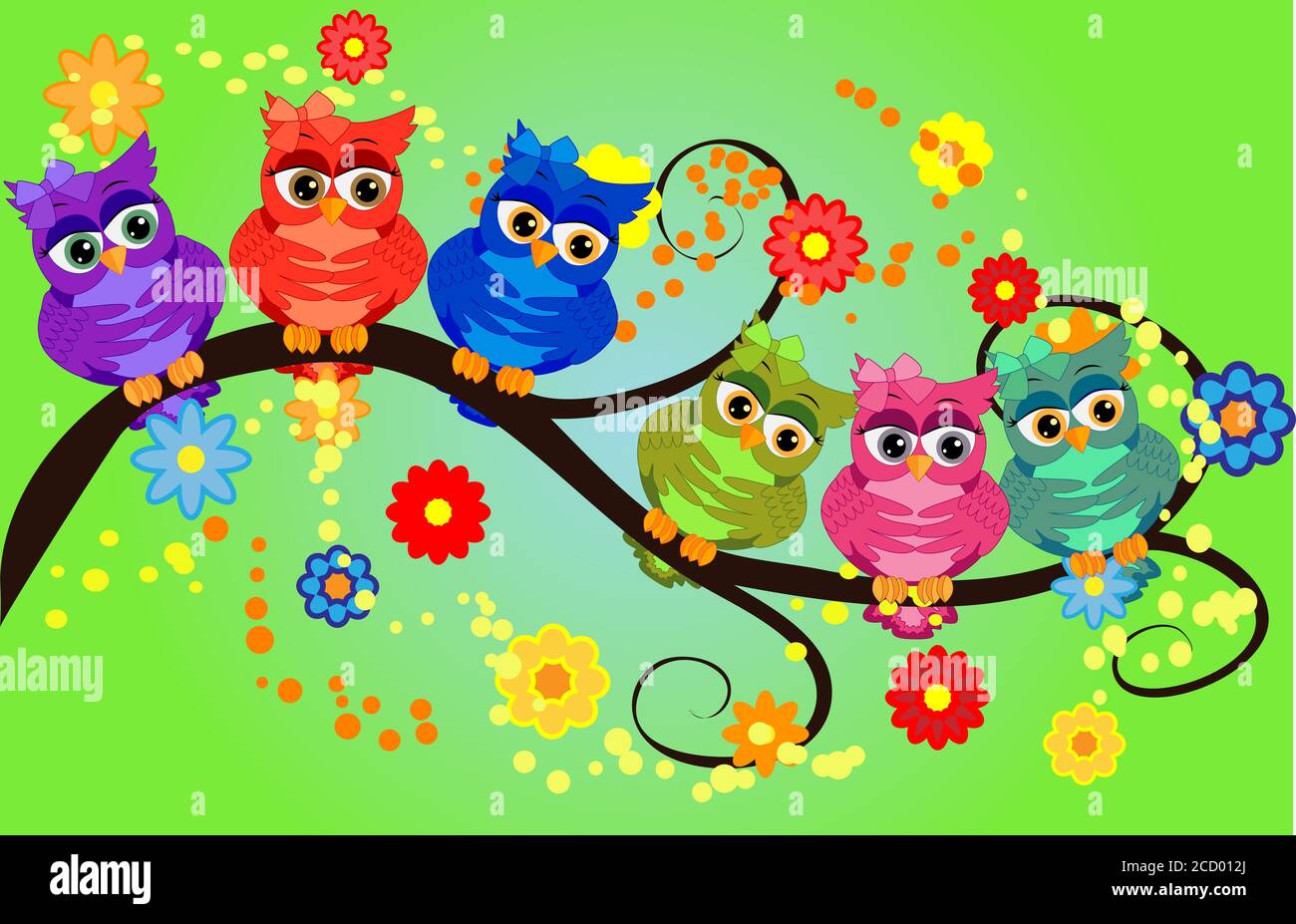 Funny owls on branch in flowers. Spring concept background. Bright ...